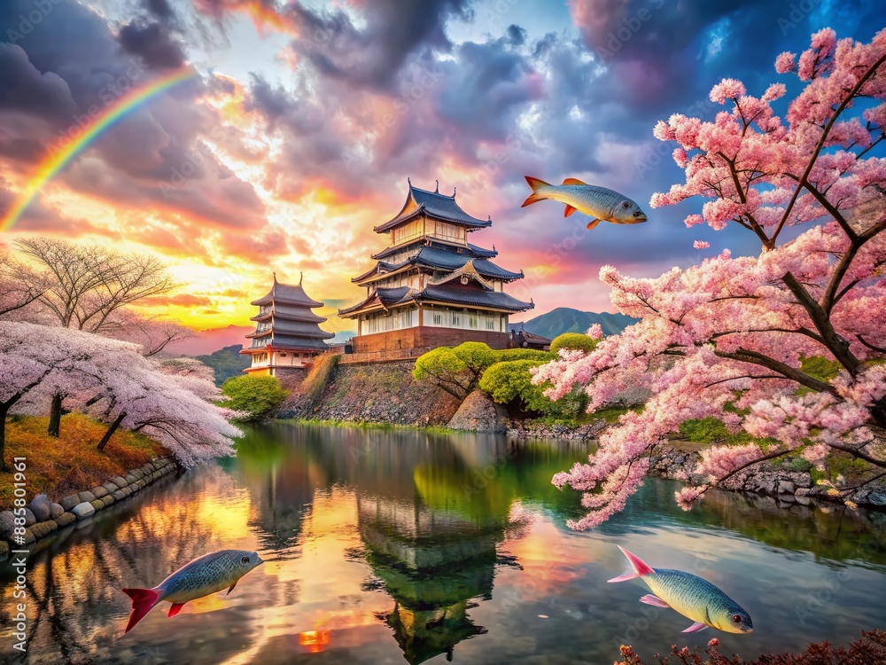 Mystical cherry blossom trees surround ancient ruins of a forgotten ...