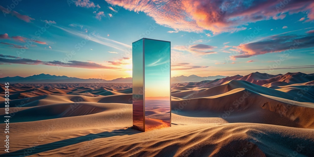 mirror monolith standing in the desert, rectangle shape mirror desert ...