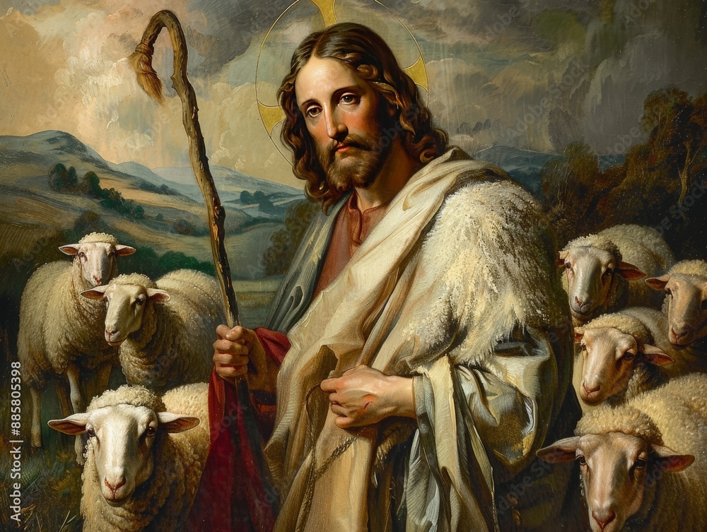 Jesus as the Good Shepherd, holding a staff and surrounded by sheep ...