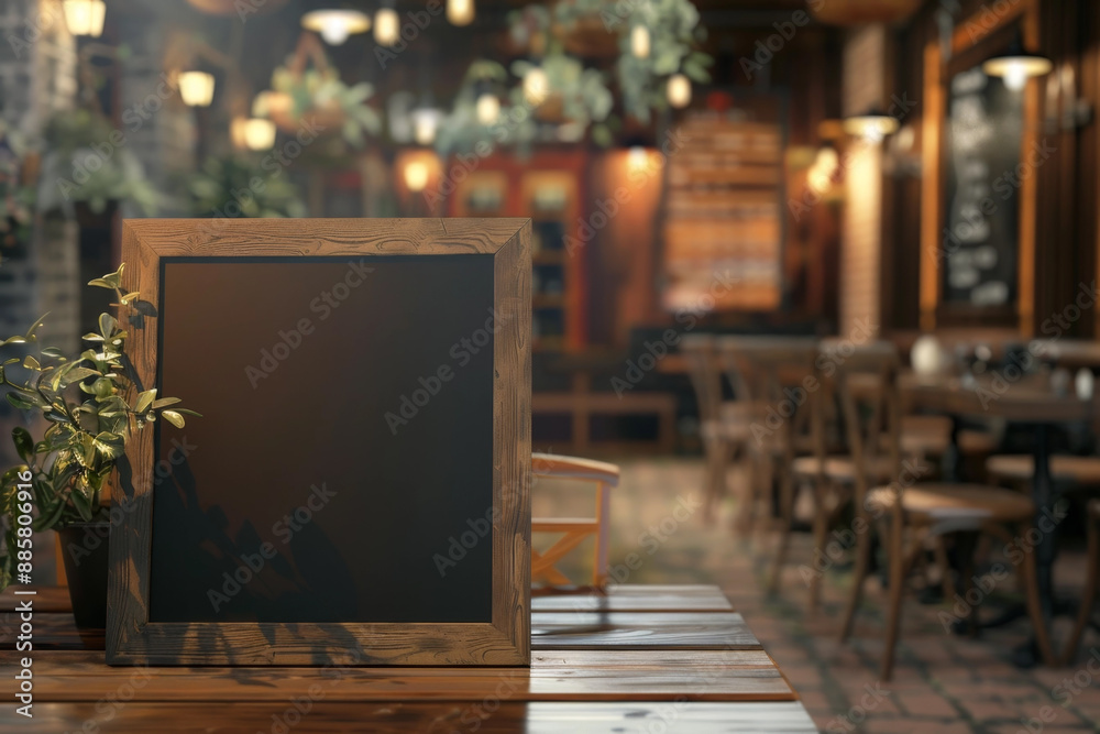 blank chalkboard sits wooden table dimly lit cafe. background shows out-of-focus tables and ...