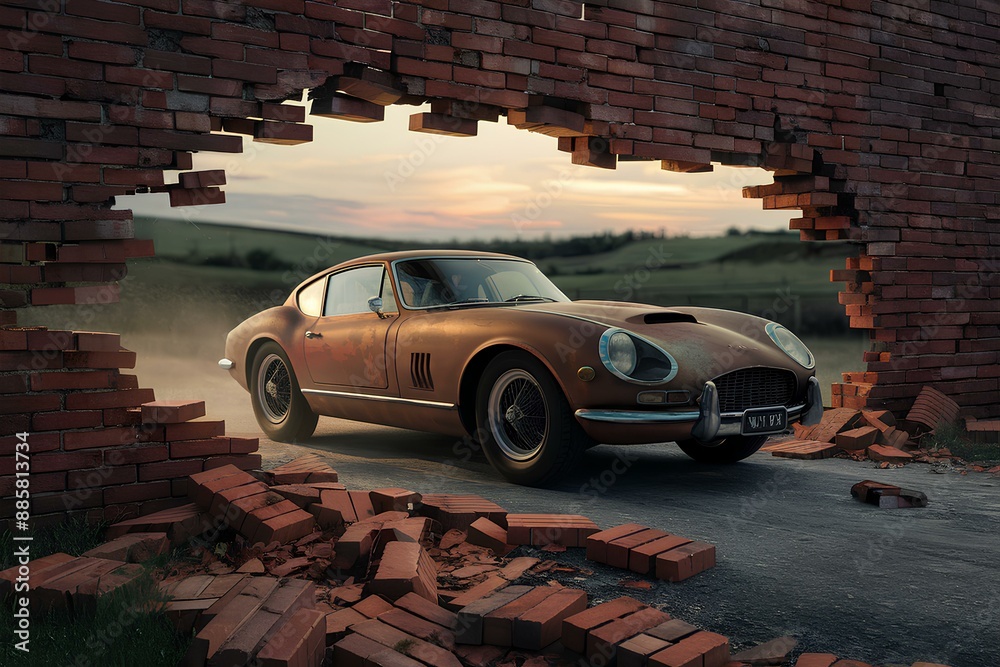 vintage classic car driving through a broken wall old automobile aged ...