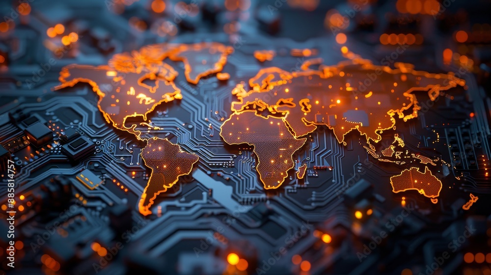 Global Connectivity World Map Integrated in HighTech Circuit Board ...