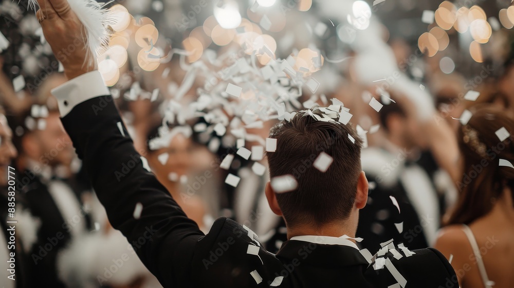 Elegant 1920s-themed party, guests in flapper dresses and tuxedos, art ...