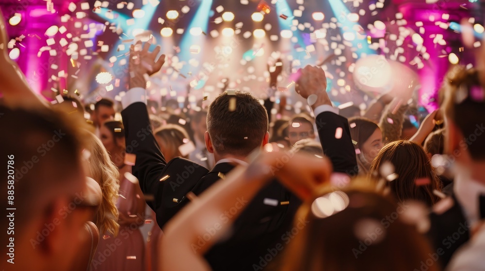 Elegant 1920s-themed party, guests in flapper dresses and tuxedos, art ...