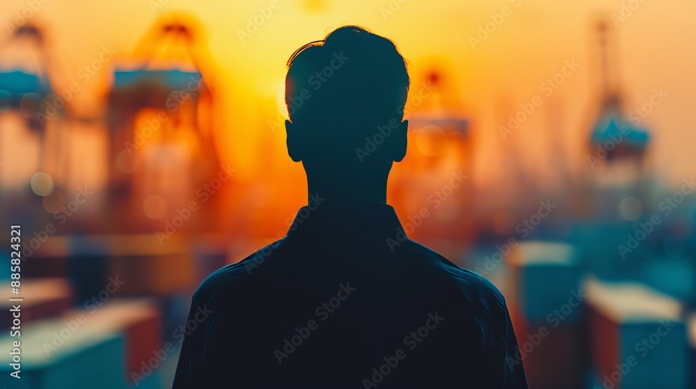 Silhouette of a manager at a logistics hub with automated systems ...
