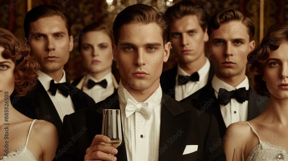 Men and women in 1920s outfits, sharp suits and flapper dresses ...