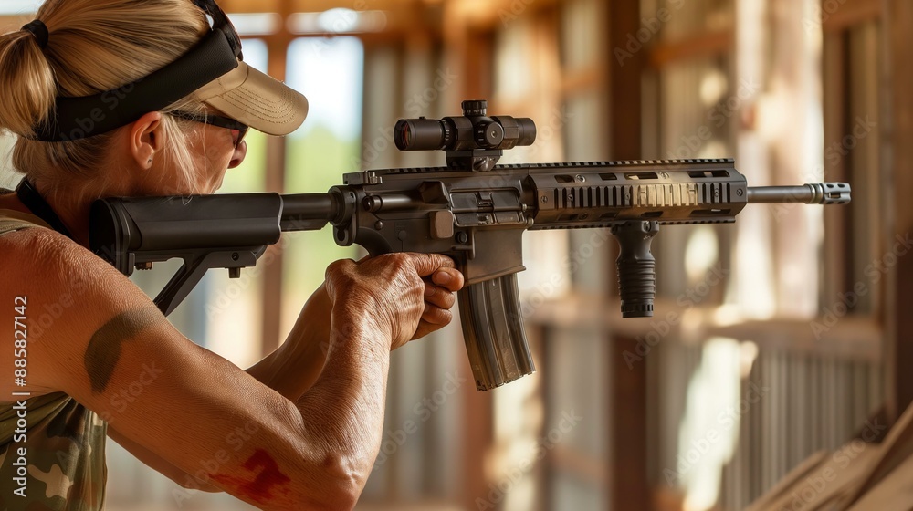 Focused woman aiming a rifle at a target in an outdoor shooting range ...