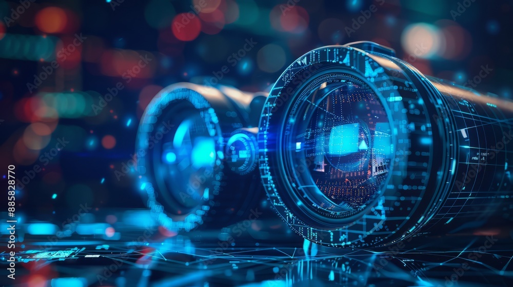 Digital blue binoculars with data streams, artificial intelligence in ...