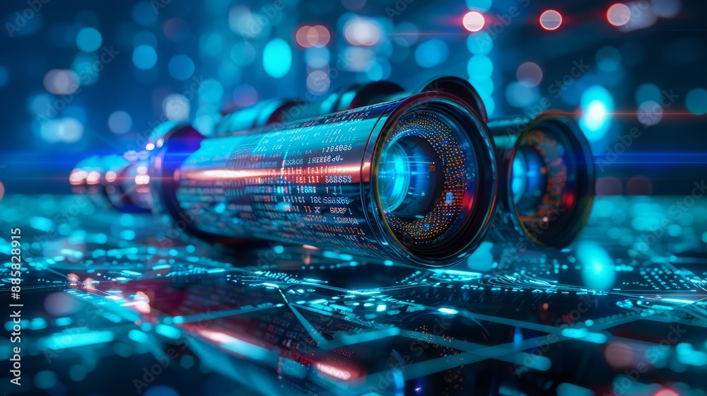 Digital blue binoculars with data streams, artificial intelligence in ...