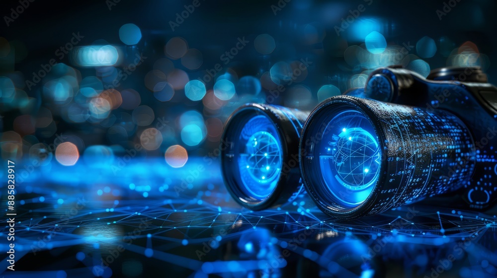 Digital blue binoculars with data streams, artificial intelligence in ...