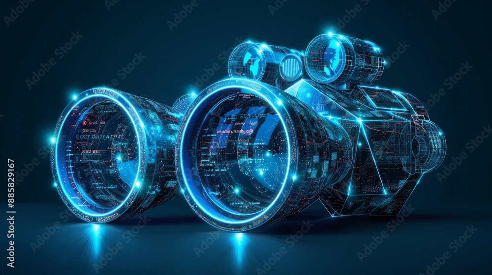 Digital blue binoculars with data streams, artificial intelligence in ...