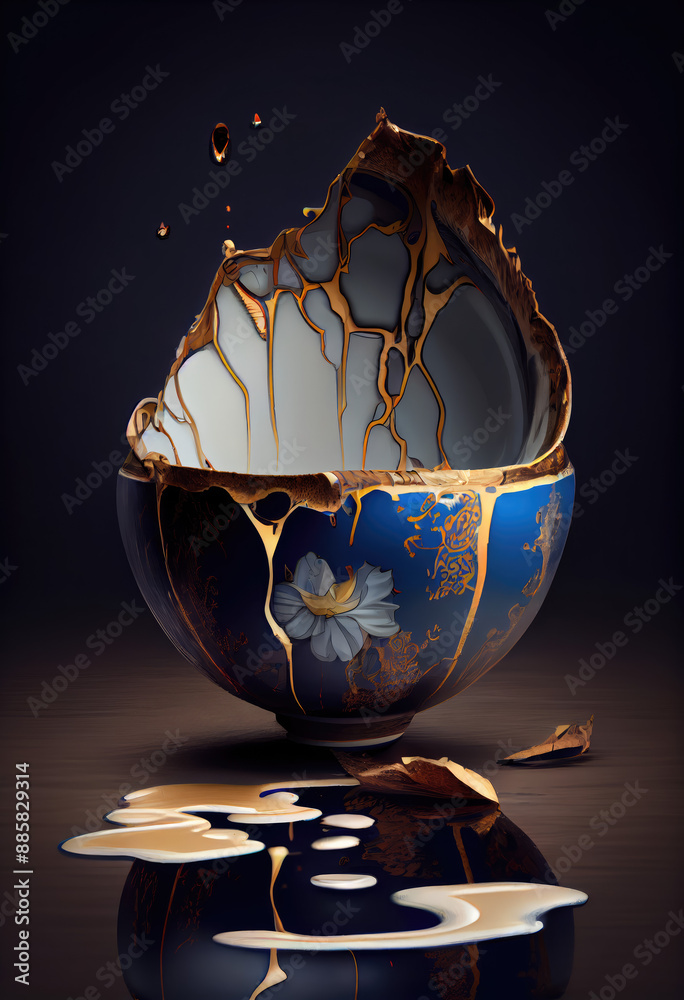 Shows a ceramic mask repaired using the kintsugi technique. Half of the ...