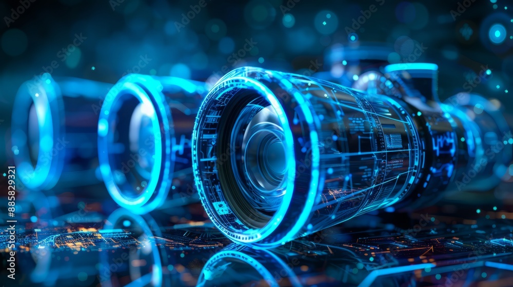 Digital blue binoculars with data streams, artificial intelligence in ...