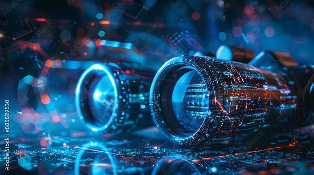 Digital blue binoculars with data streams, artificial intelligence in ...