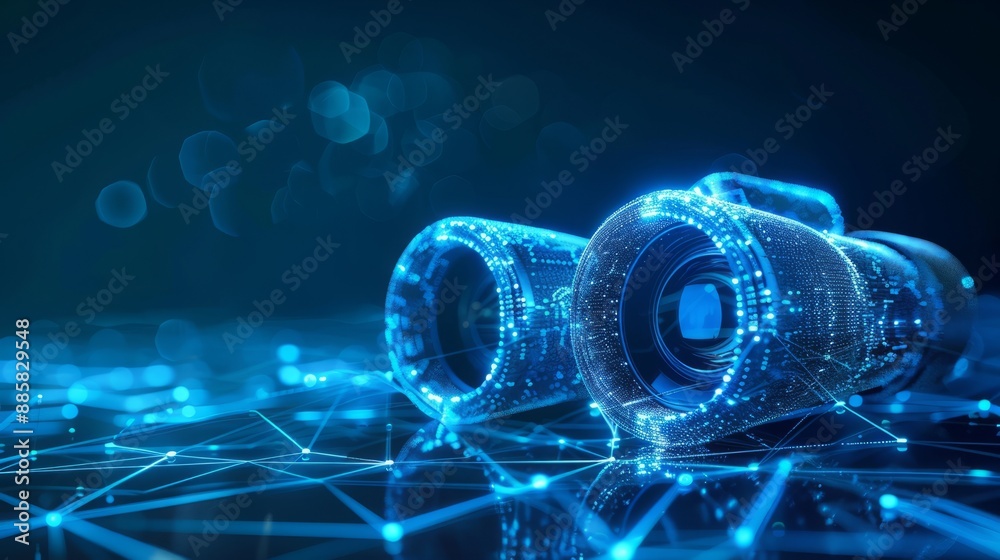 Digital blue binoculars with data streams, artificial intelligence in ...