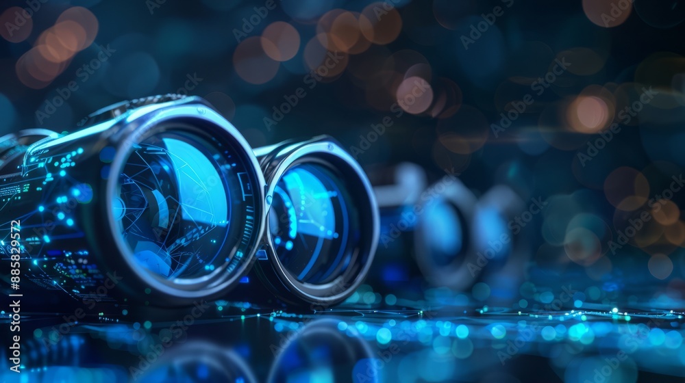 Digital blue binoculars with data streams, artificial intelligence in ...