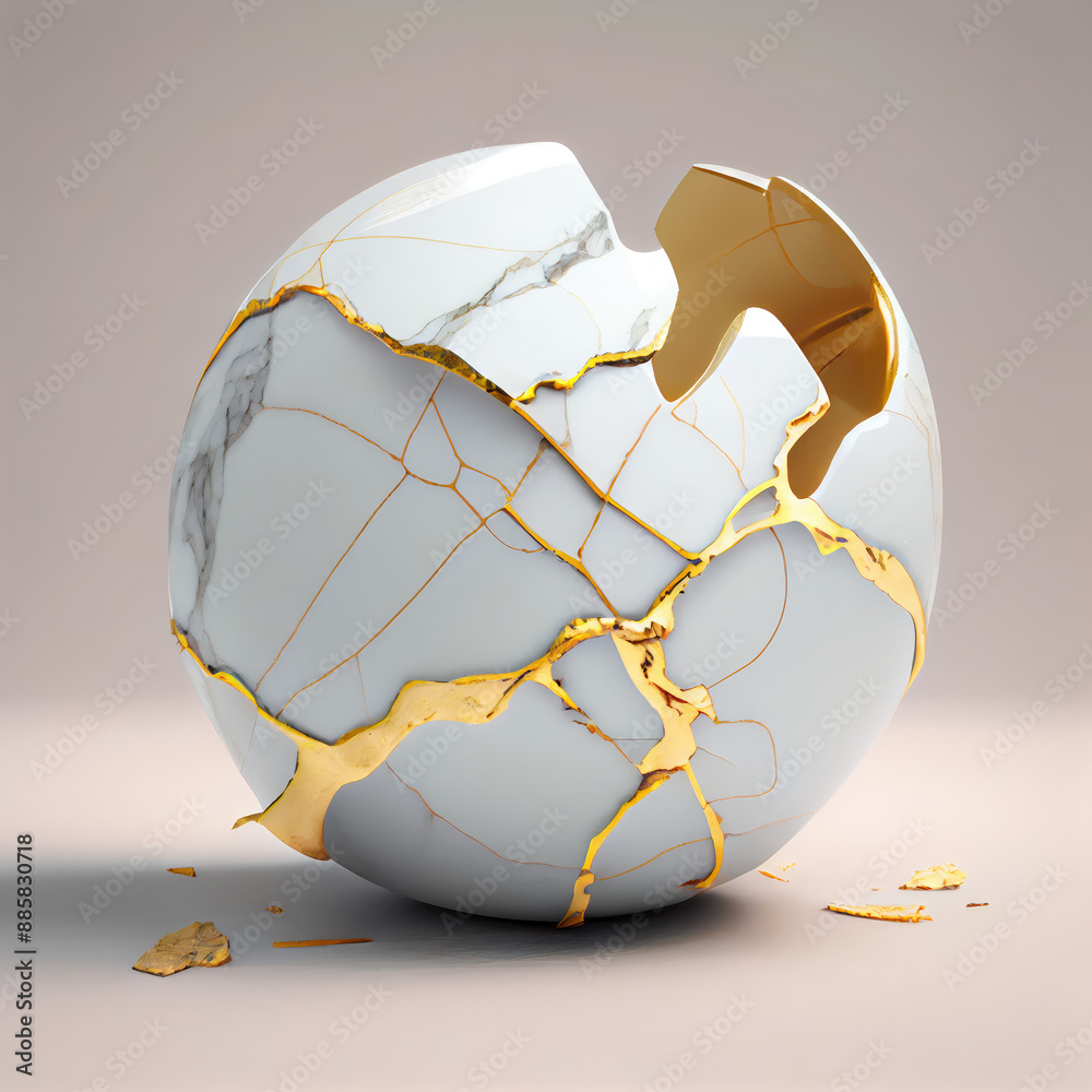 Shows a ceramic mask repaired using the kintsugi technique. Half of the ...