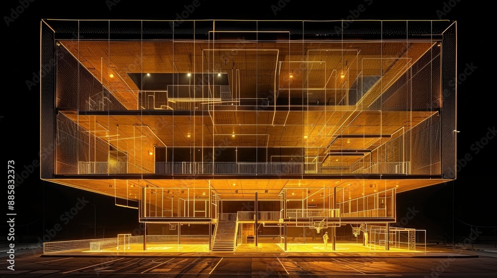 Isometric floor plan of a dynamic sports complex, black background ...