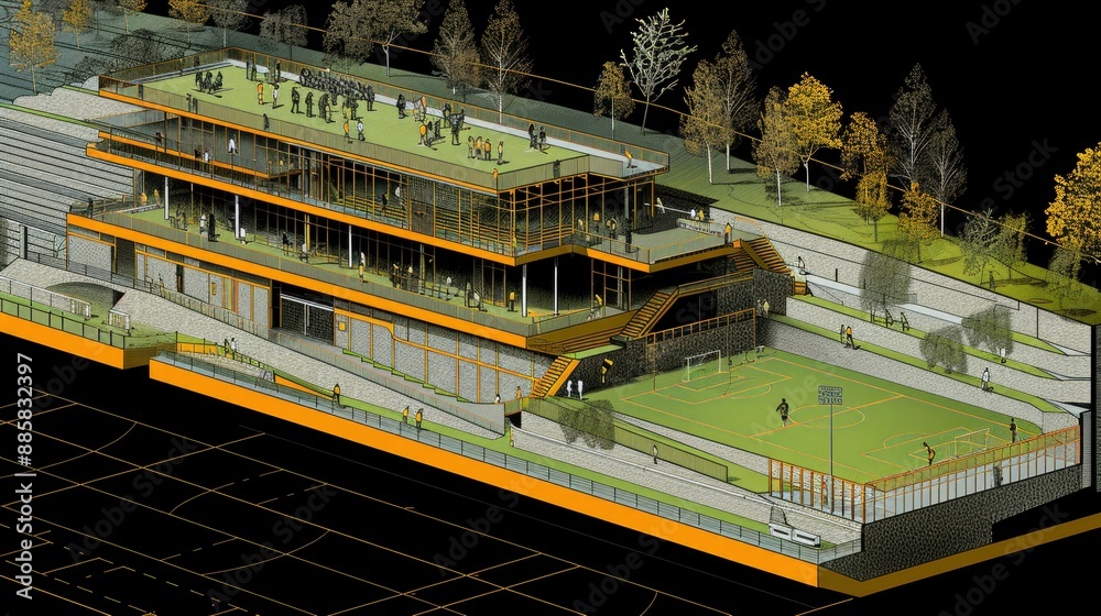 Isometric floor plan of a dynamic sports complex, black background ...