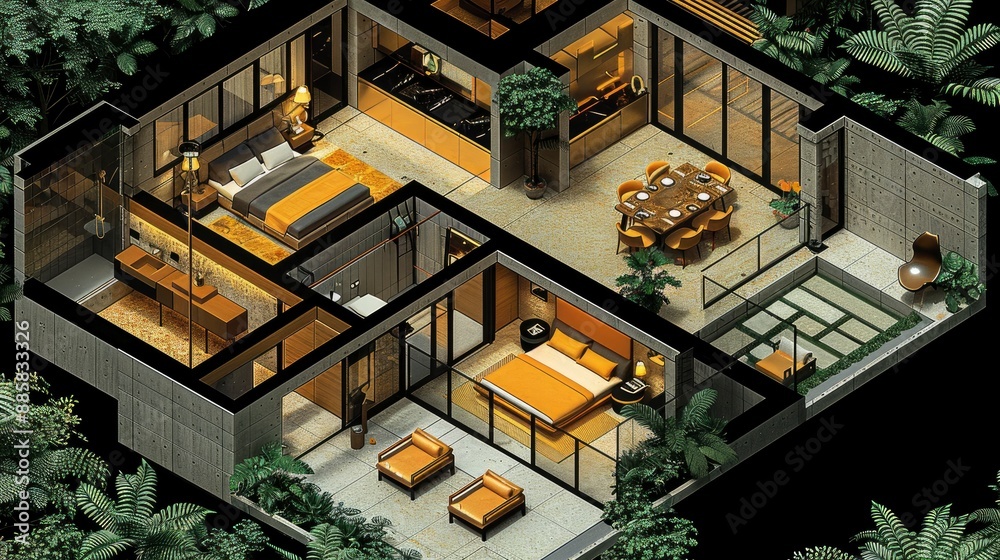 Isometric floor plan of a luxurious urban mansion, black background, golden line, rooftop garden ...