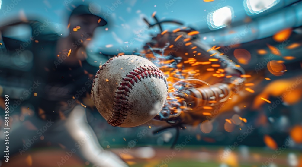 High energy moment: A baseball on fire soaring through air with players ...