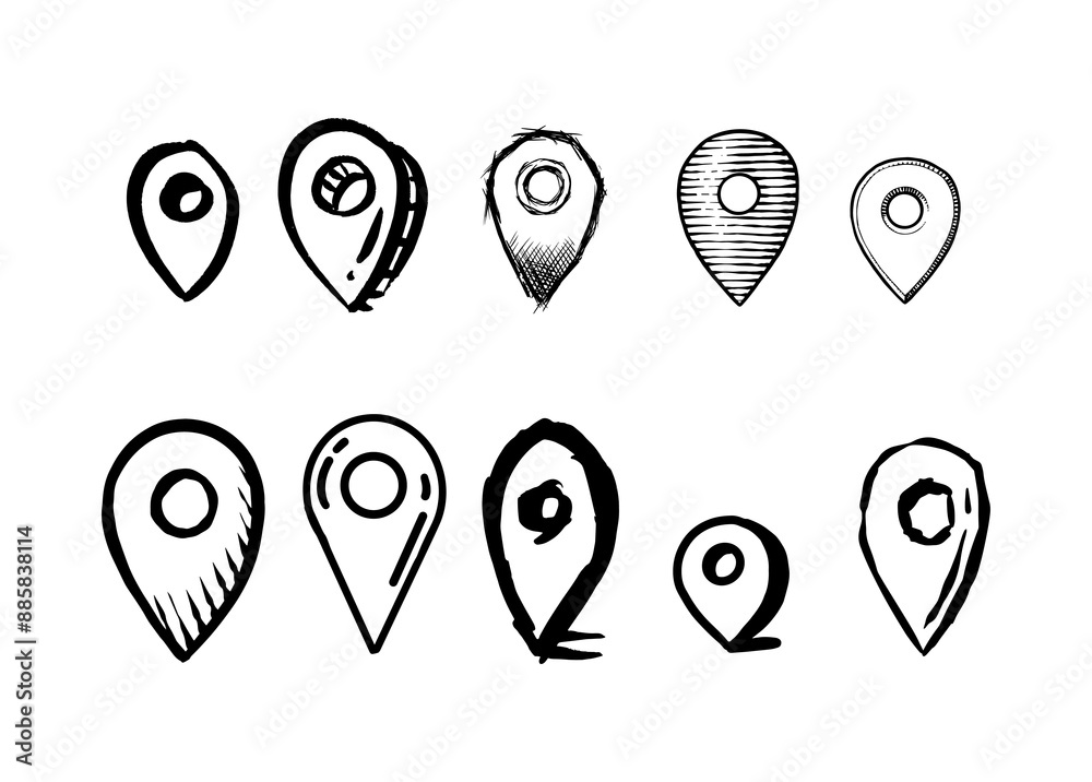 Hand drawn Map pins, doodle navigation, sign location. Set isolated on ...