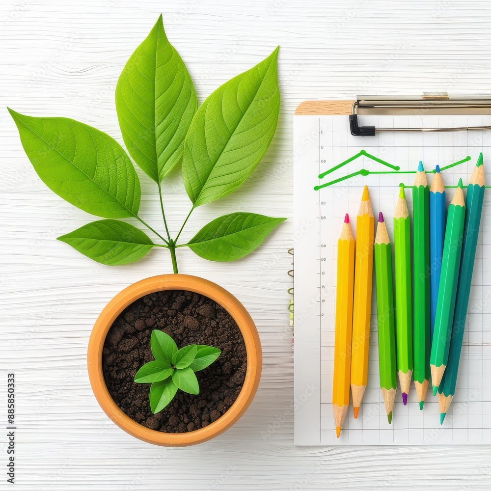 Eco-friendly business charts and graphs integrated with green leaves ...