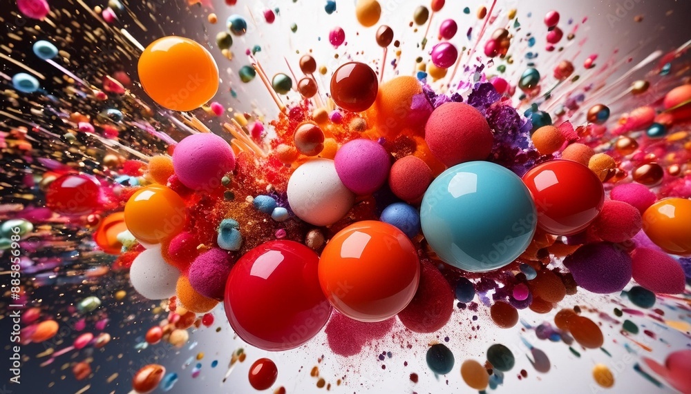 colorful 3d spheres and particles burst on a white background creating ...