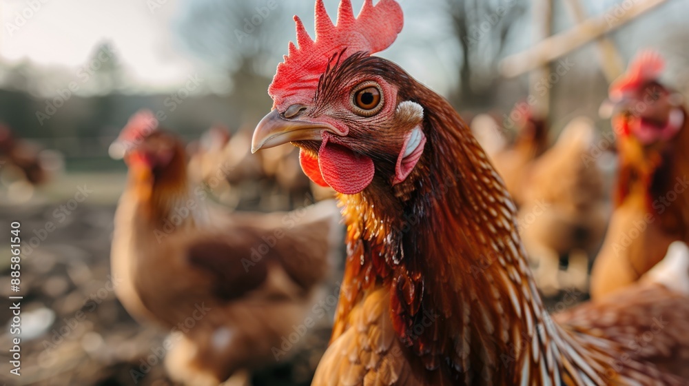 Poultry farm broiler farm with a group of adult laying hens in a modern ...