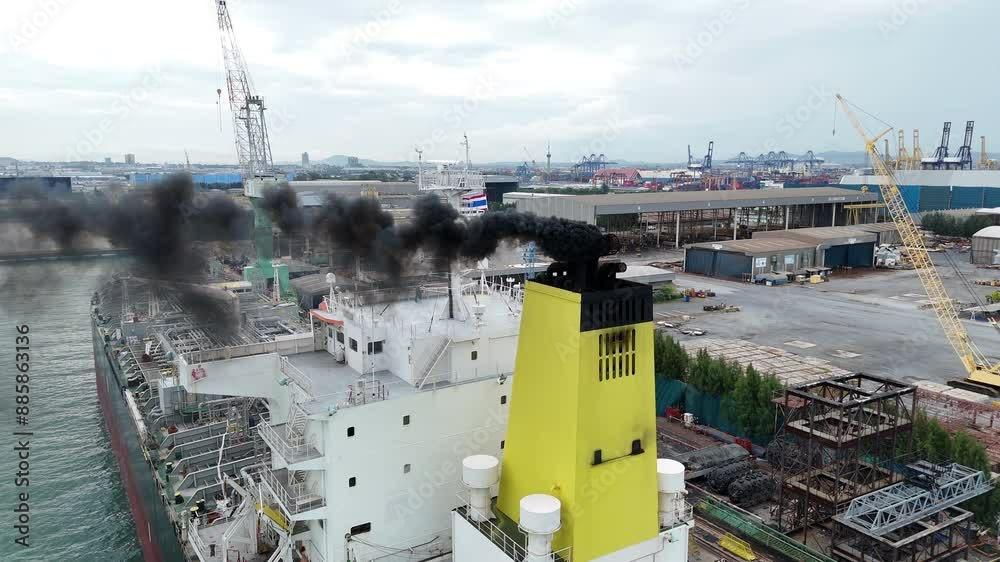 Smoke exhaust gas emissions carbon dioxide from cargo lagre ship ...