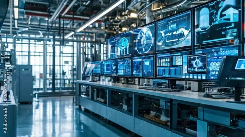 Industry 4.0 Modern Factory Security Control Room with Multipoke ...