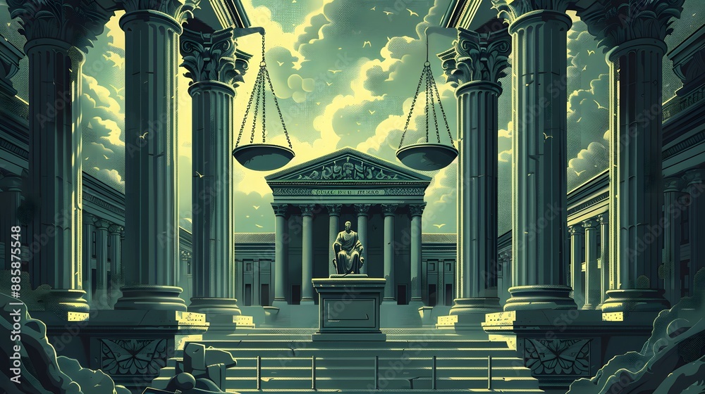 Legal-themed background with scales of justice, courthouse pillars, and ...