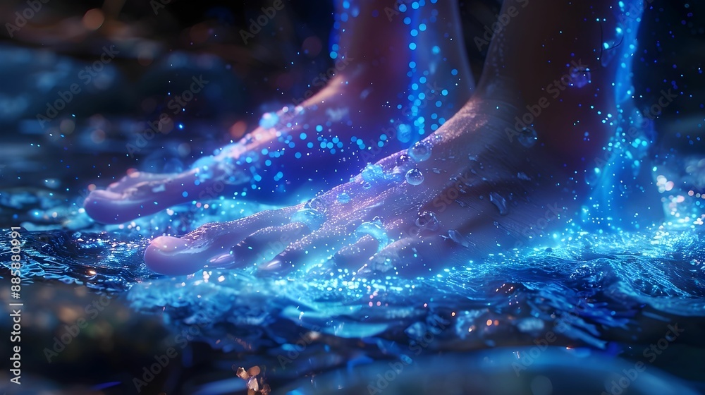 A person's feet are on the ground and surrounded by sparking light ...