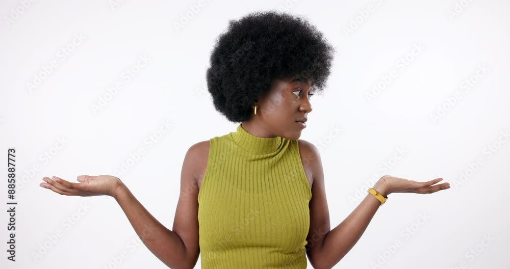 Confused, face and shrug of black woman in studio with why, hands or ...