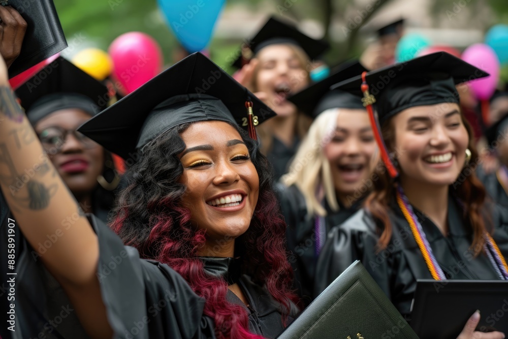 Multiethnic group of graduates in black caps and gowns, celebrating ...