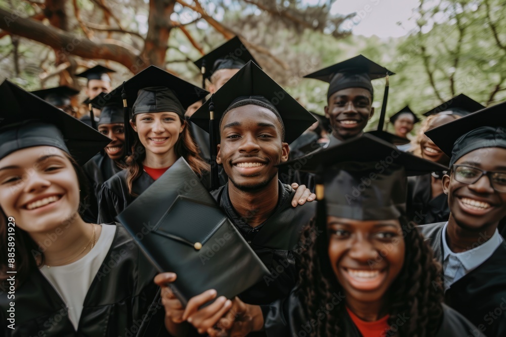Multiethnic group of graduates in black caps and gowns, celebrating ...