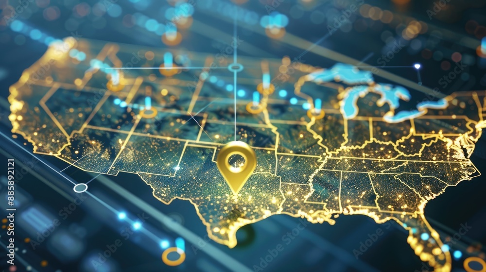 Detailed digital USA map with a gold location pin icon, emphasizing ...