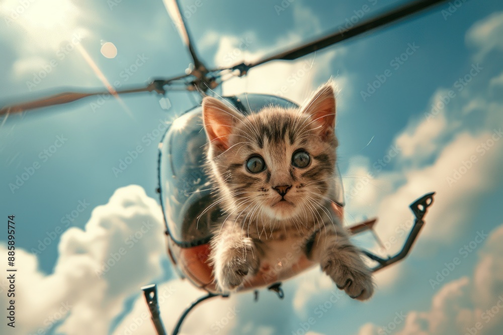 An endearing image of a tiny cat navigating a helicopter through the ...