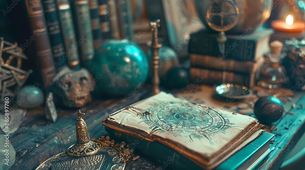 Ancient Book of Spells and Occult Artifacts on a Dusty Table Stock ...