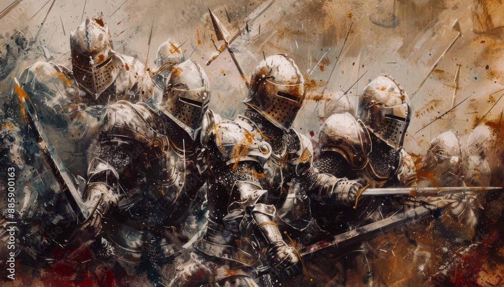 Epic medieval battle scene depicting armored knights in intense combat, showcasing the valor and ...