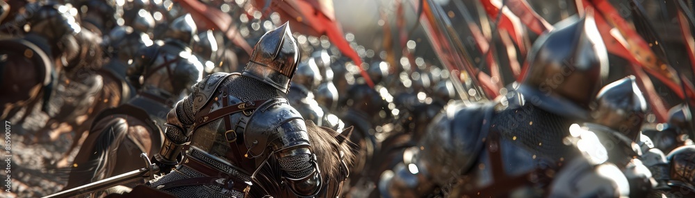 Medieval knight battle scene with armored soldiers on horseback ...