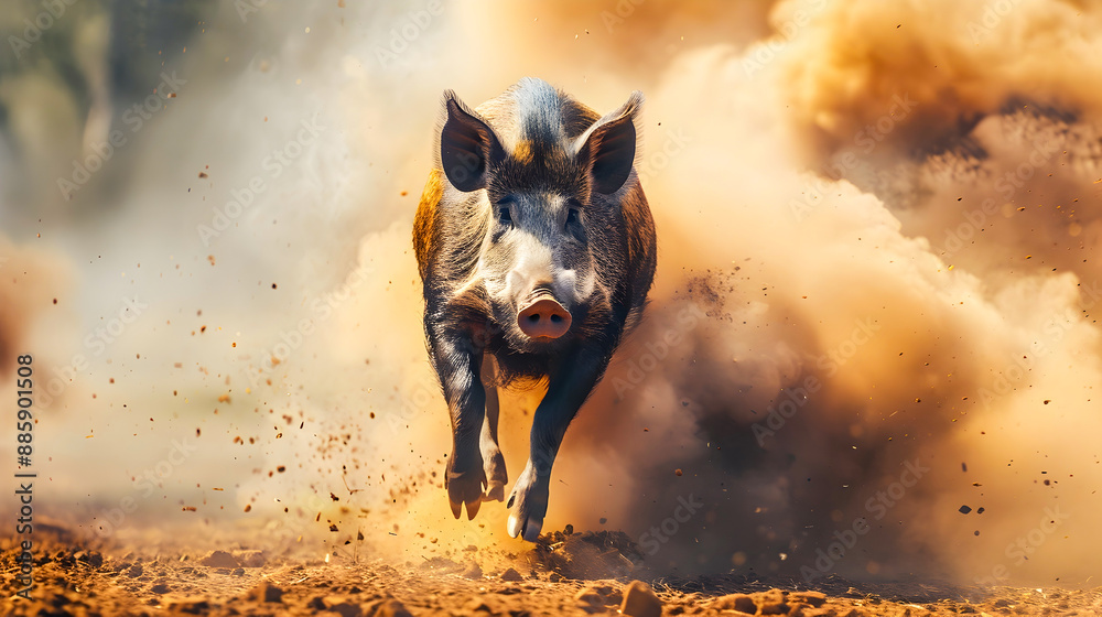 Powerful boar charging down a dirt road kicking up clouds of dust and ...