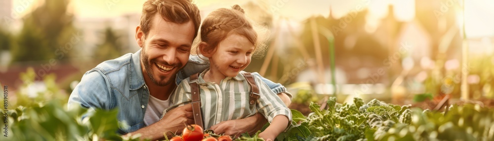 Family enjoying a day at a city's urban farm or community garden ...