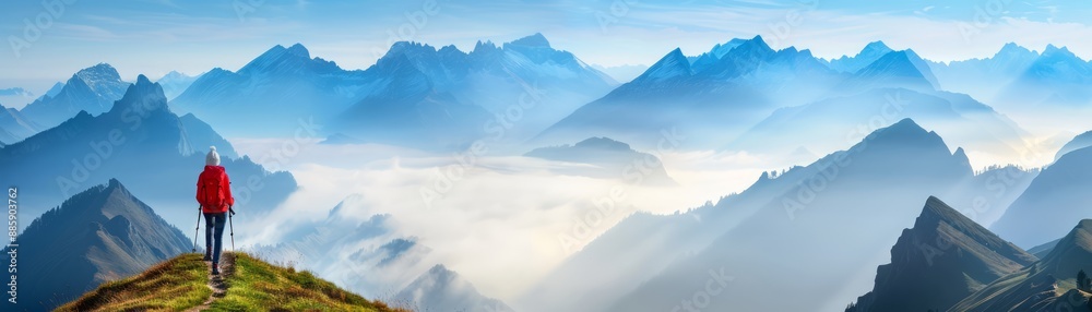 Person hiking through a misty mountain range with layers of peaks ...