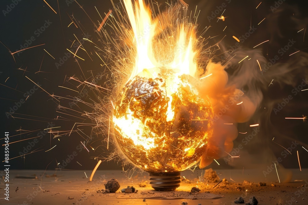 Light bulb shaped like the planet earth is exploding with fire sparks ...