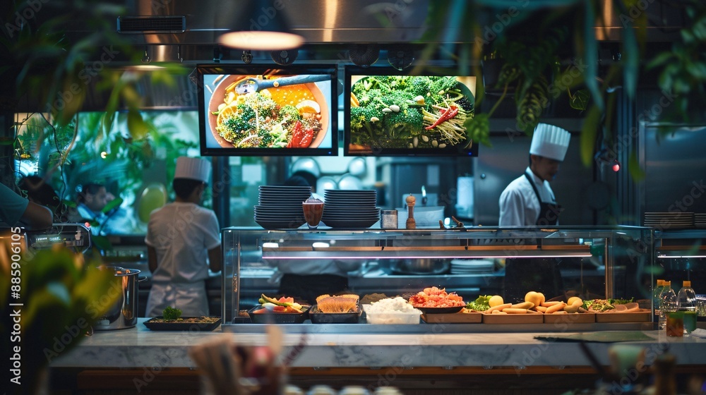 Clear photograph of a smart restaurant with AI systems optimizing food ...