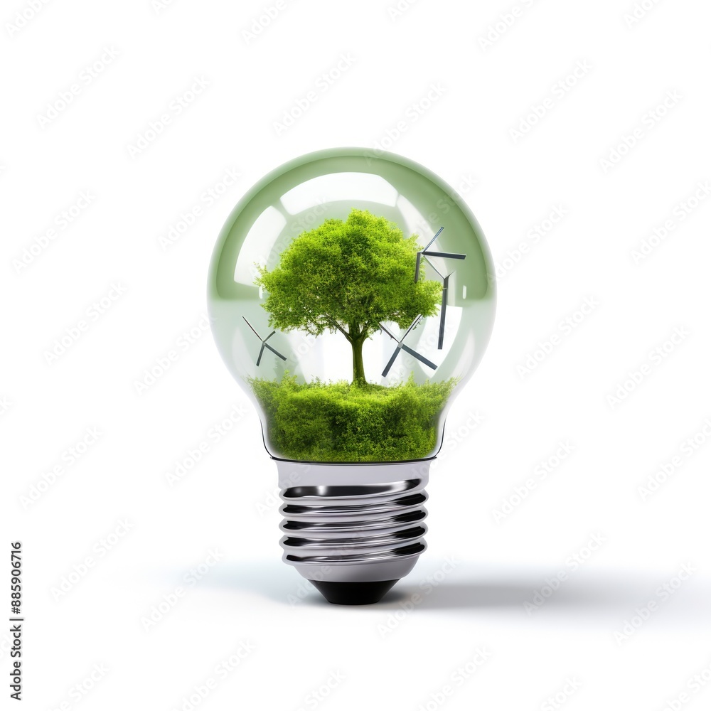Renewable energy light bulb with green energy. Green energy concept illustrating renewable and ...