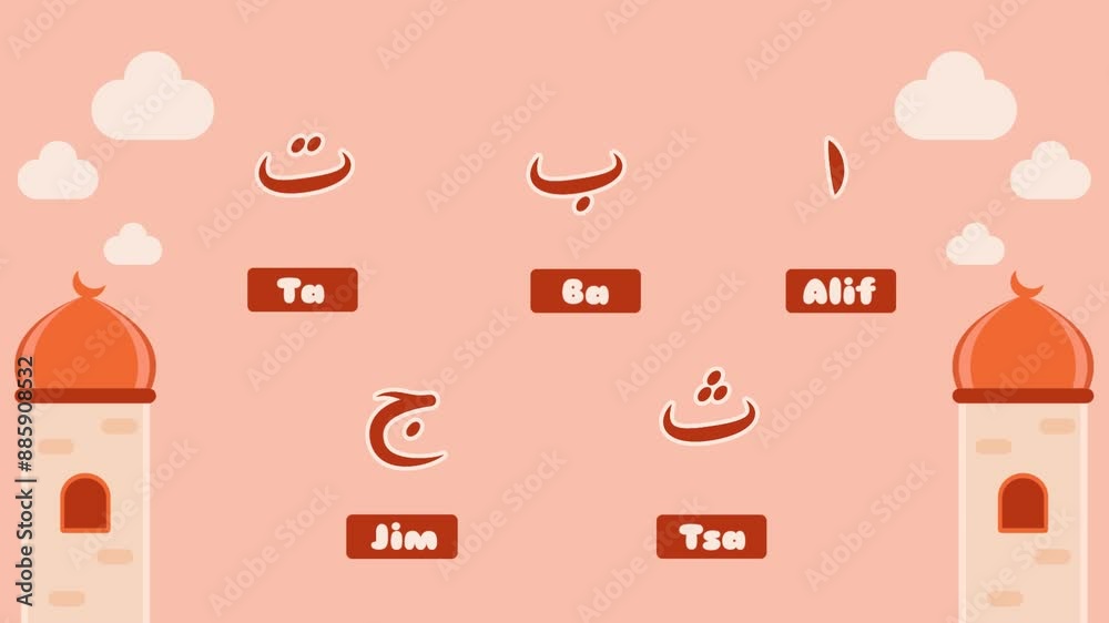 Animated Hijaiyah as Arabic Alphabet Alif, Ba, Ta, Tsa, Jim with Masjid ...