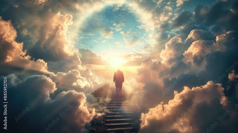 Old man walking up the stairs among clouds in the sky to shining bright ...
