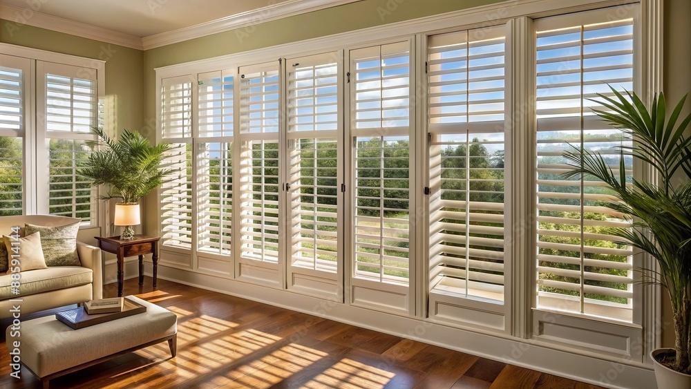 Elegant solid frame plantation shutters with adjustable louvers filter ...